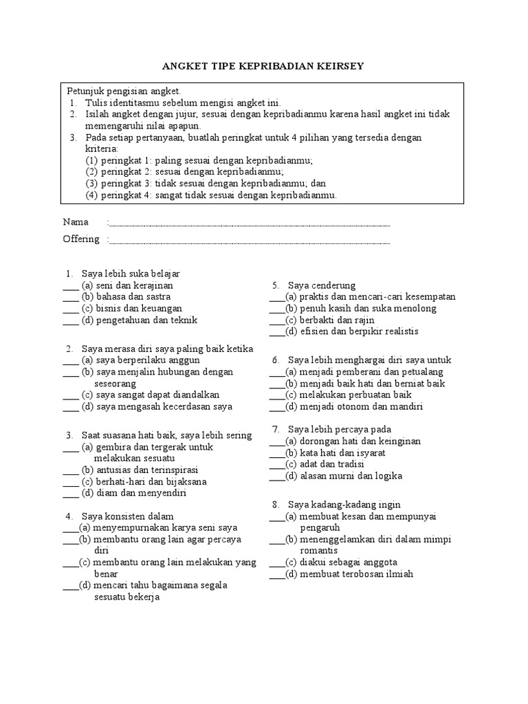 Angket Tipe Kepribadian Keirsey | PDF