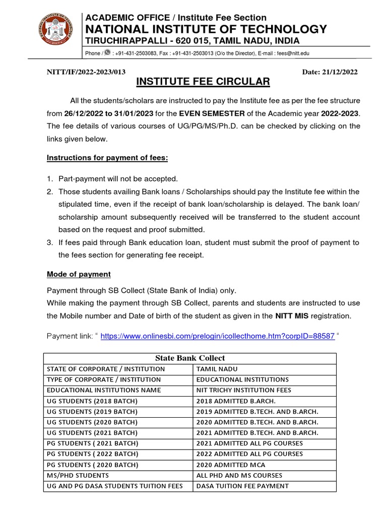 Fees Circular EVEN Semester 2022-23 | PDF | Fee | Payments
