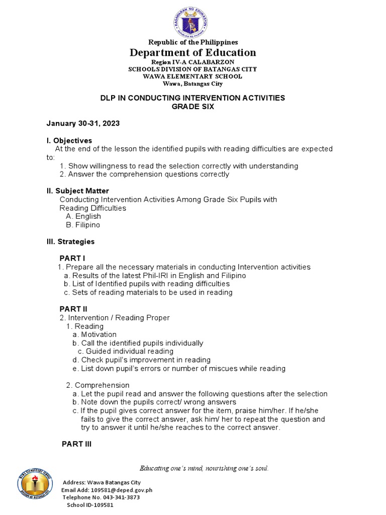 DLP in Conducting Intervention Activities Grade Six | PDF | Cognitive Science | Behavior ...