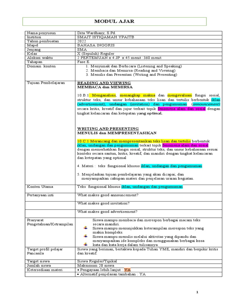 Modul Ajar English Grade X Pdf