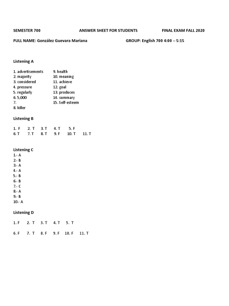 Final Exam Answer Sheet: English 700 | PDF | Sports & Recreation | Foreign Language Studies