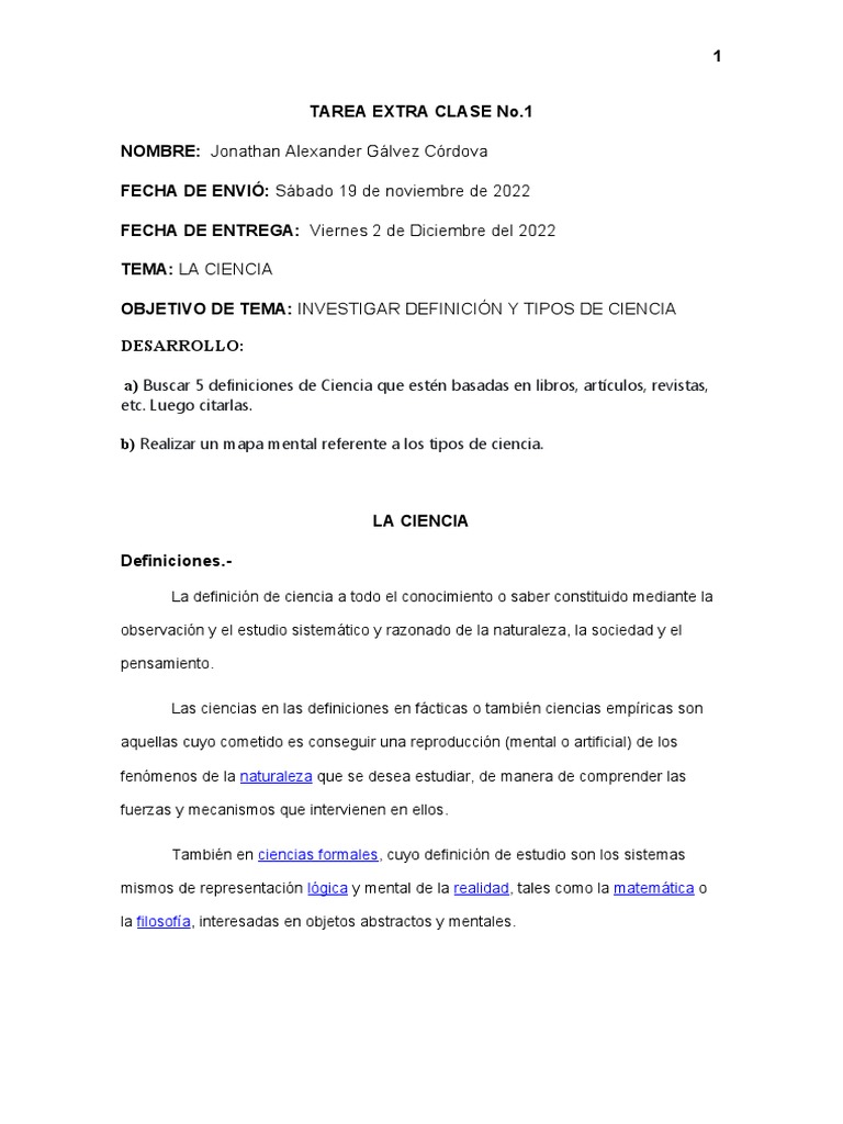 TAREA EXTRA CLASE No1 CIENCIA | PDF | Science | Ciencias Sociales