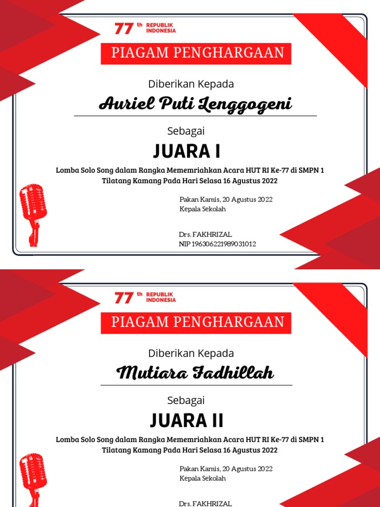 Piagam Lomba Solo Song | PDF