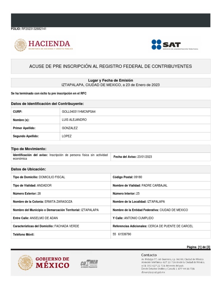Acuse de Pre Inscripción Al Registro Federal de Contribuyentes | PDF ...