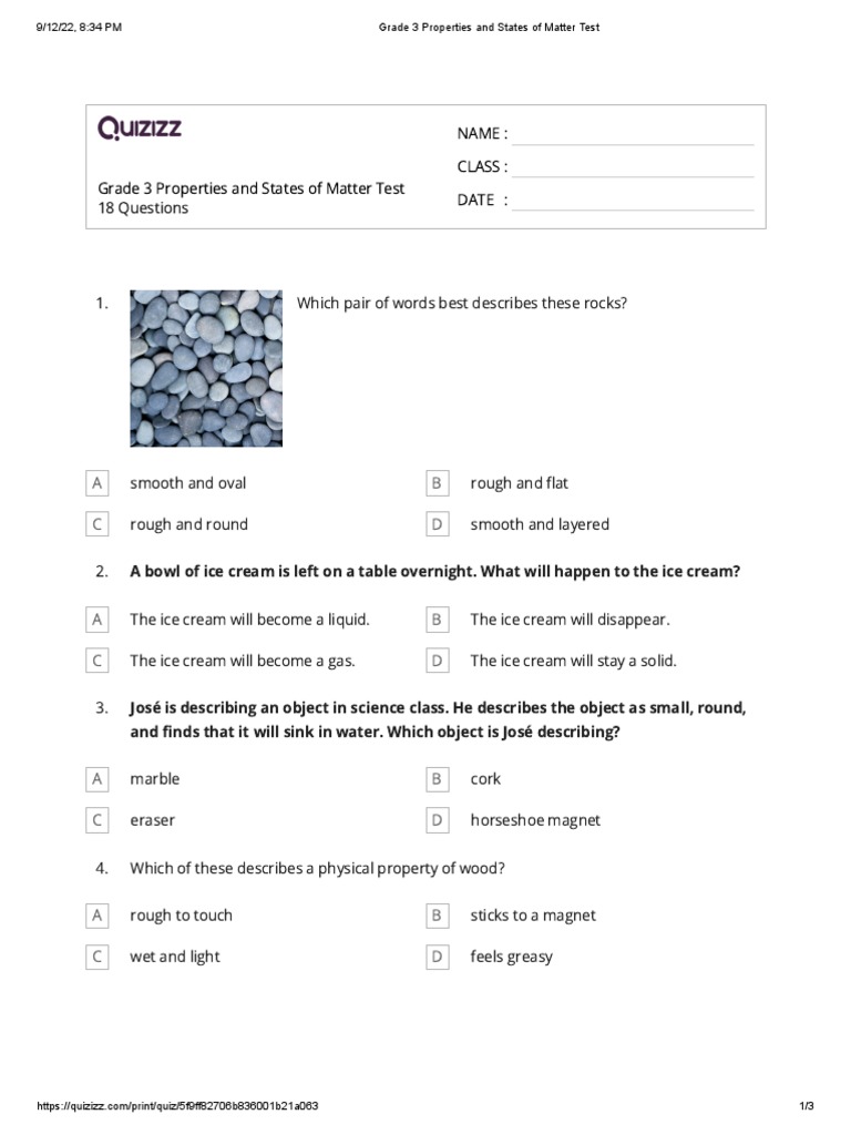 Grade 3 Matter Properties Test | PDF | Matter | Gases