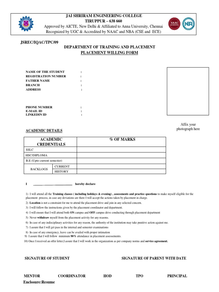 Placement Willingness Form for Students | PDF | Educational Stages ...