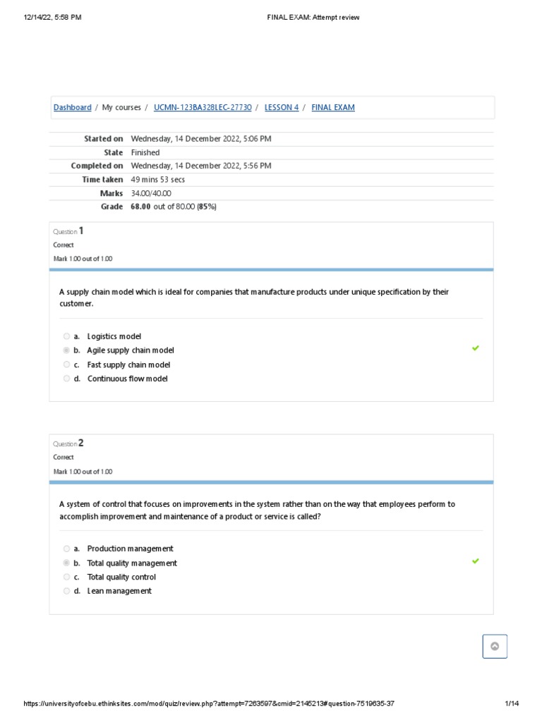 Analysis of a Quality Management Final Exam: Insights into Key Concepts ...