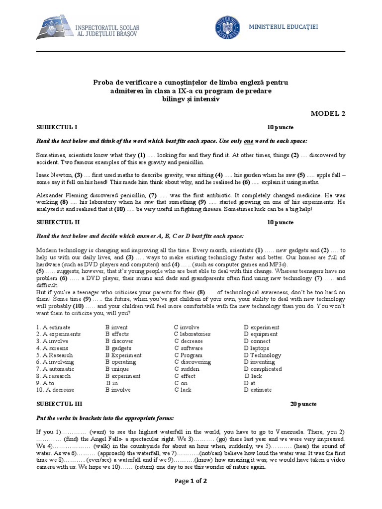 Proba de verificare a cunoştinţelor de limba engleză pentru admiterea ...