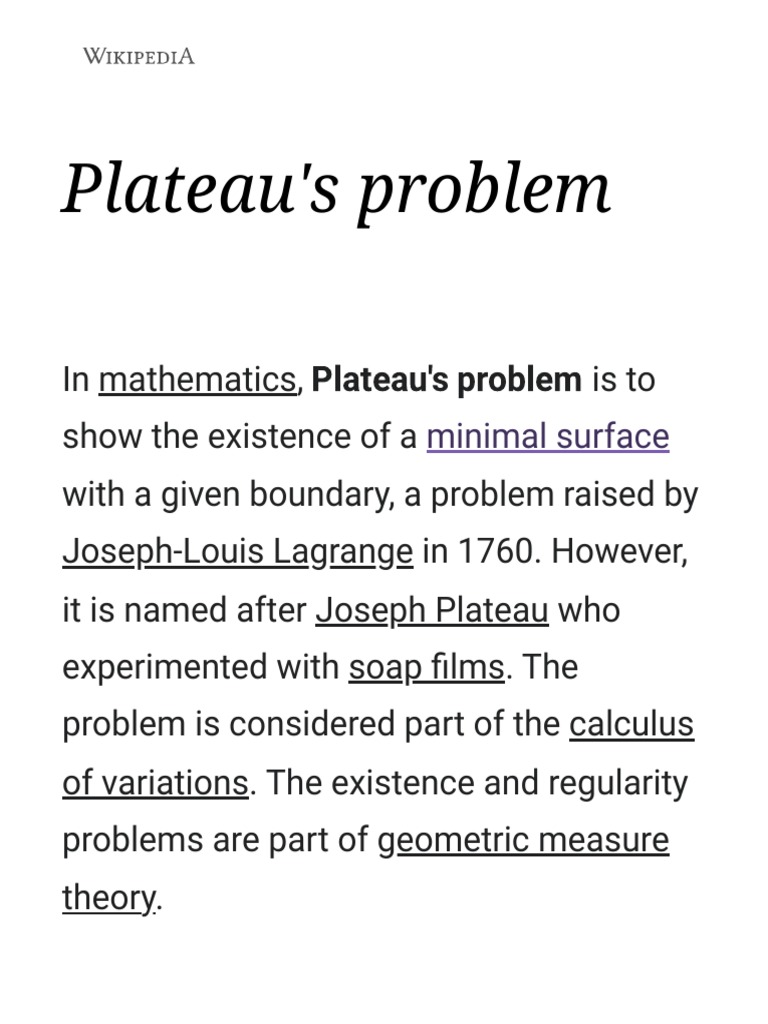 Plateau's Problem - Wikipedia | PDF | Differential Geometry ...