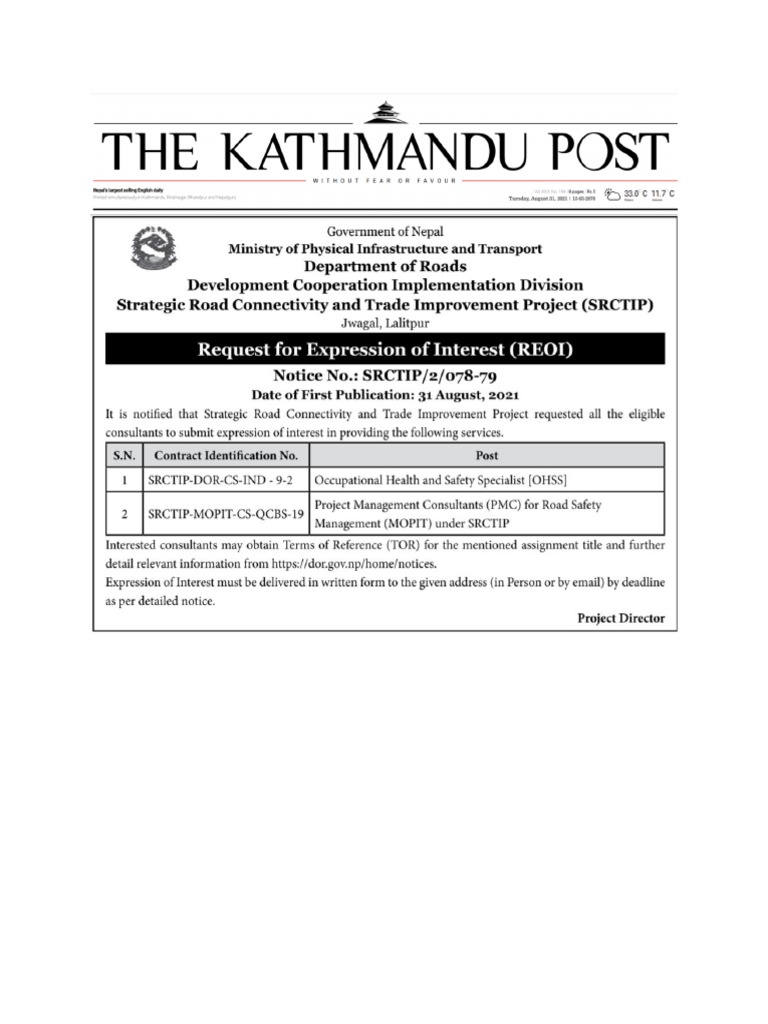 REQUEST FOR EXPRESSION OF INTEREST (REOI) FOR Consultancy Service of Project Management ...