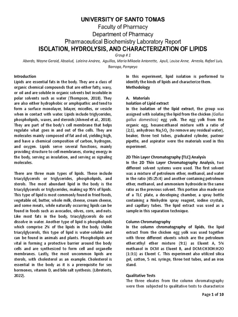 (PHA6112 LAB) Group 1 (2BPH) - Formal Report For Lipids | PDF | Thin ...