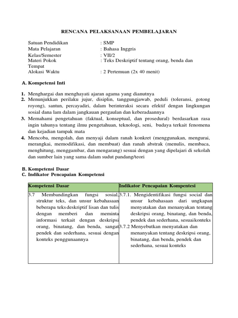 RPP Kelas 7 - Descriptive Text | PDF