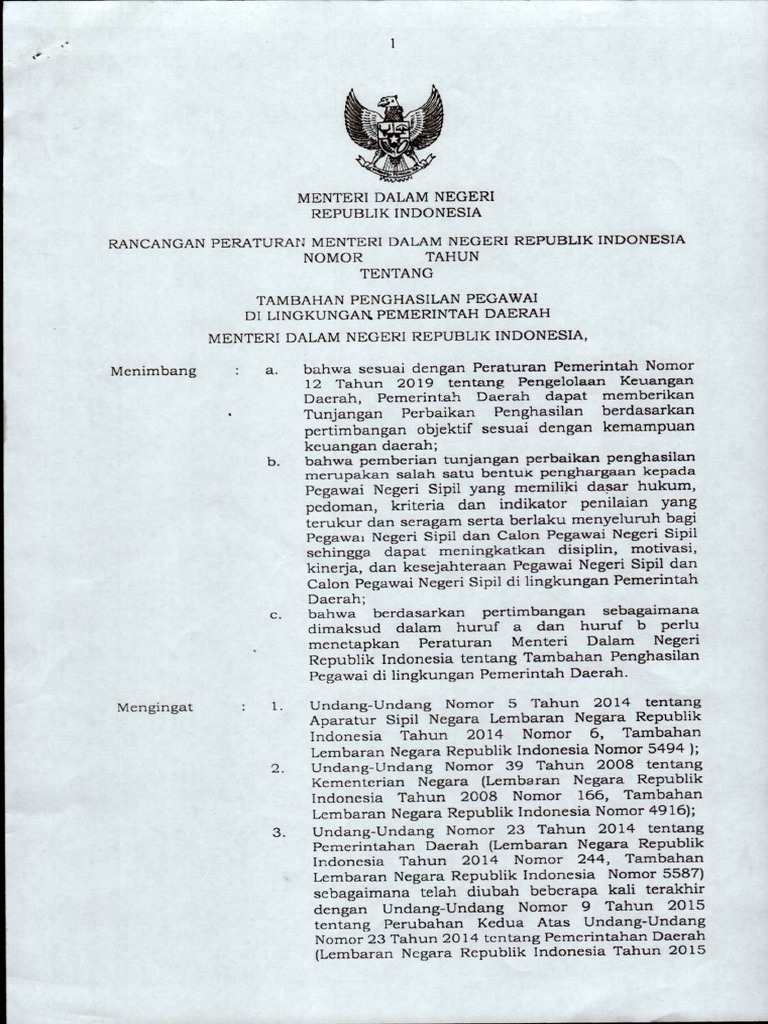 Rancangan Permendagri Tentang Tambahan Penghasilan Pegawai 2366 PDF | PDF Rancangan Permendagri Tentang Tambahan Penghasilan Pegawai 2366 PDF | PDF