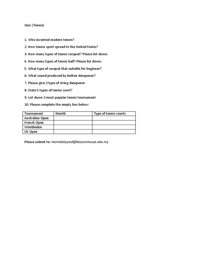 Tennis Quiz | PDF | Sports & Recreation