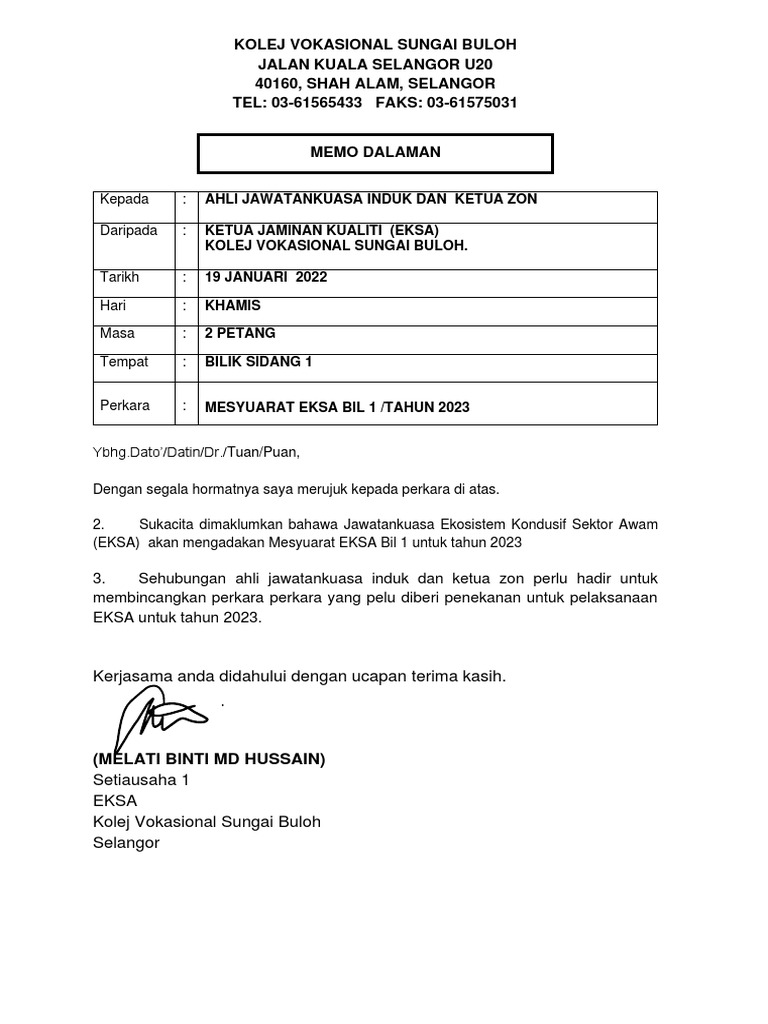 Memo Mesyuarat Eksa Bil 1 2023 | PDF
