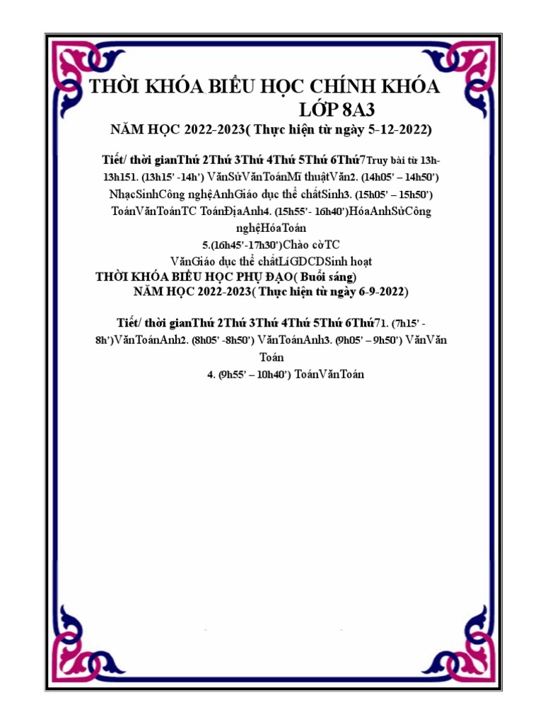 TKB lớp 8A3 lần 3 | PDF