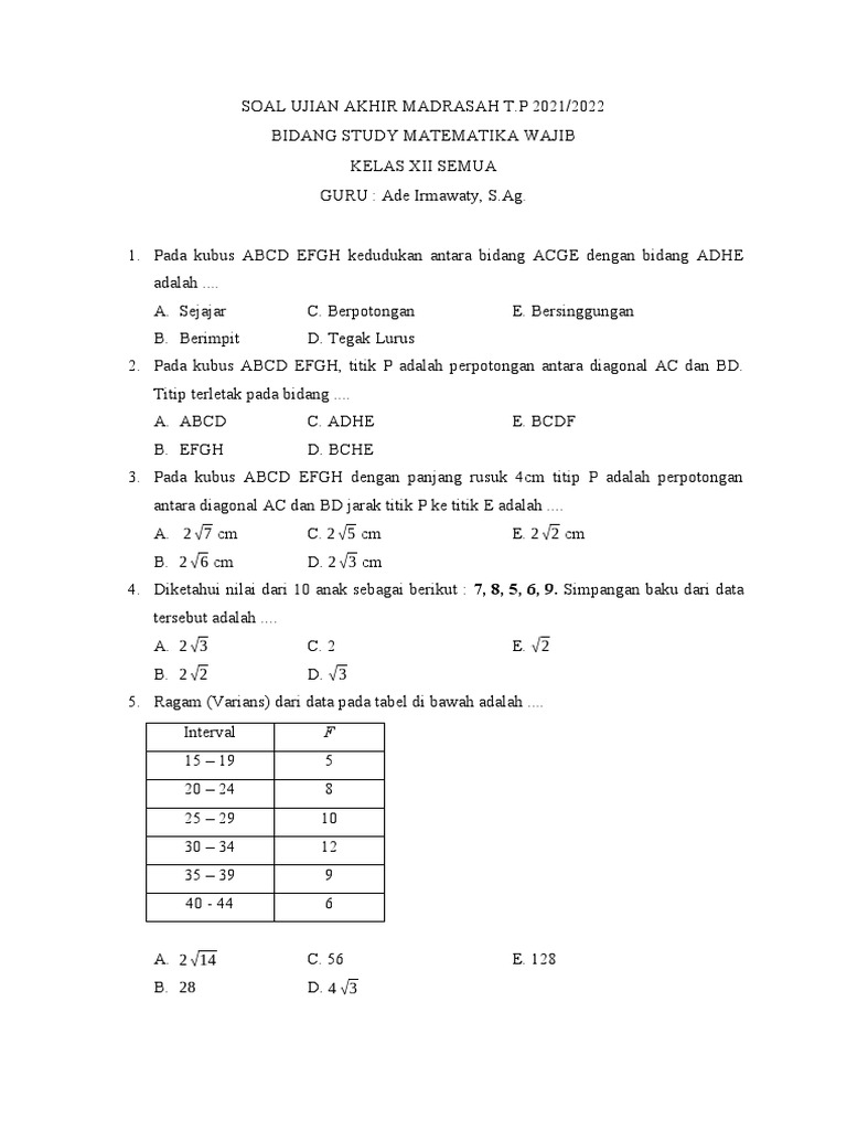 Soal Matematika Wajib Kelas Xii (Buk Ade Irmawaty) | PDF