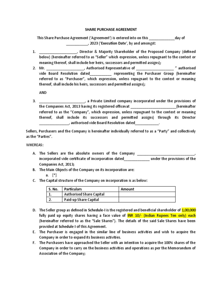 Share Purchase Agreement Template | PDF | Indemnity | Arbitration