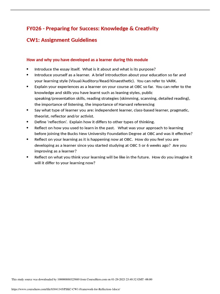 PSKC CW1 Framework For Reflection 1 | PDF | Learning | Learning Styles
