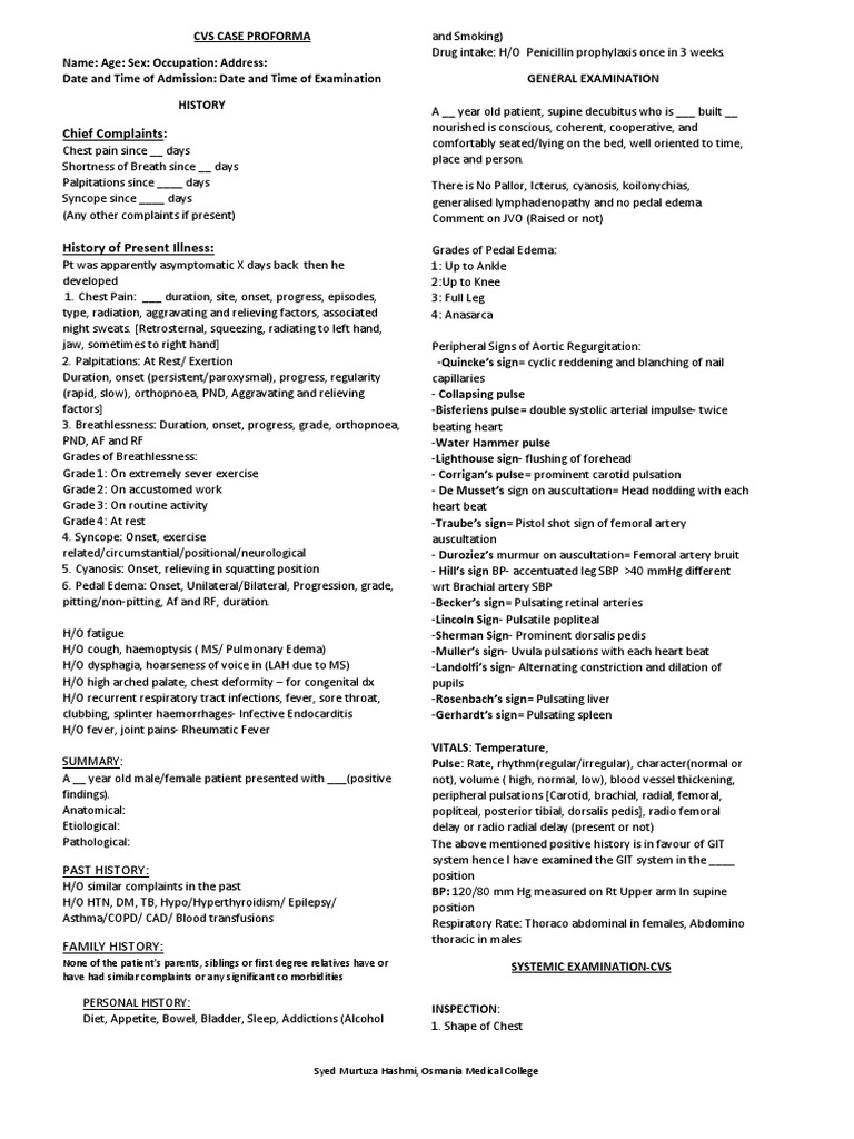 Cvs Case Proforma Pdf Heart Pulse