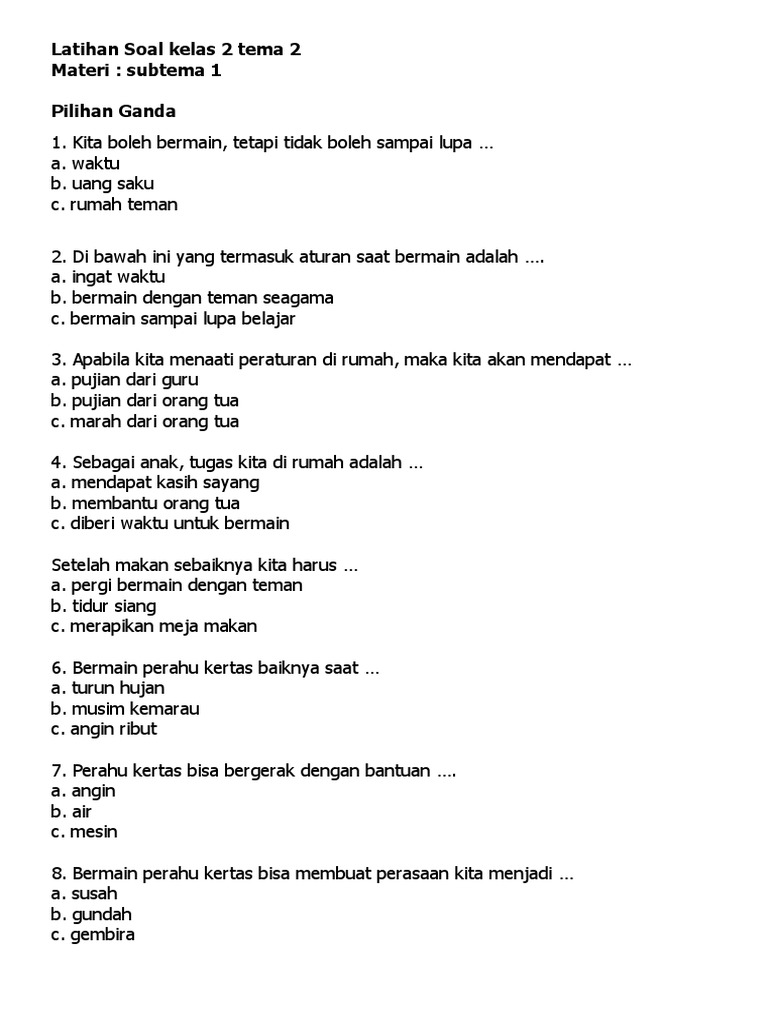 Latihan Soal Kelas 2 Tema 2 | PDF | Olahraga & Rekreasi | Griya & Taman