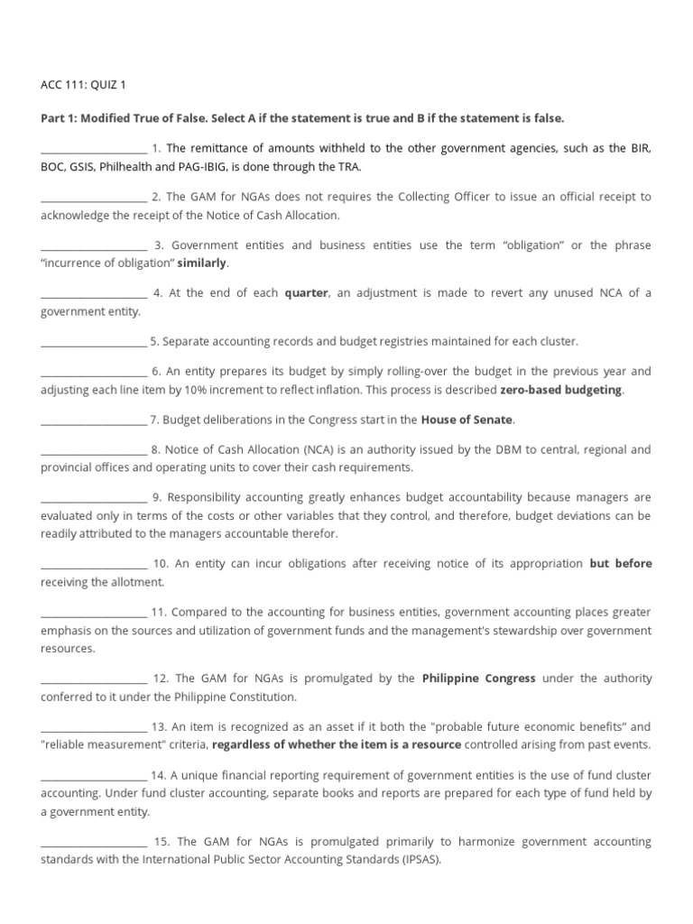 Accounting Quiz Covering Government Budgeting, Allotments, Obligations ...