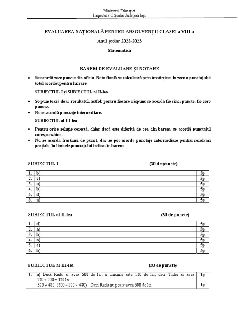 EN VIII Matematica Simulare Ian 2023 Barem | PDF
