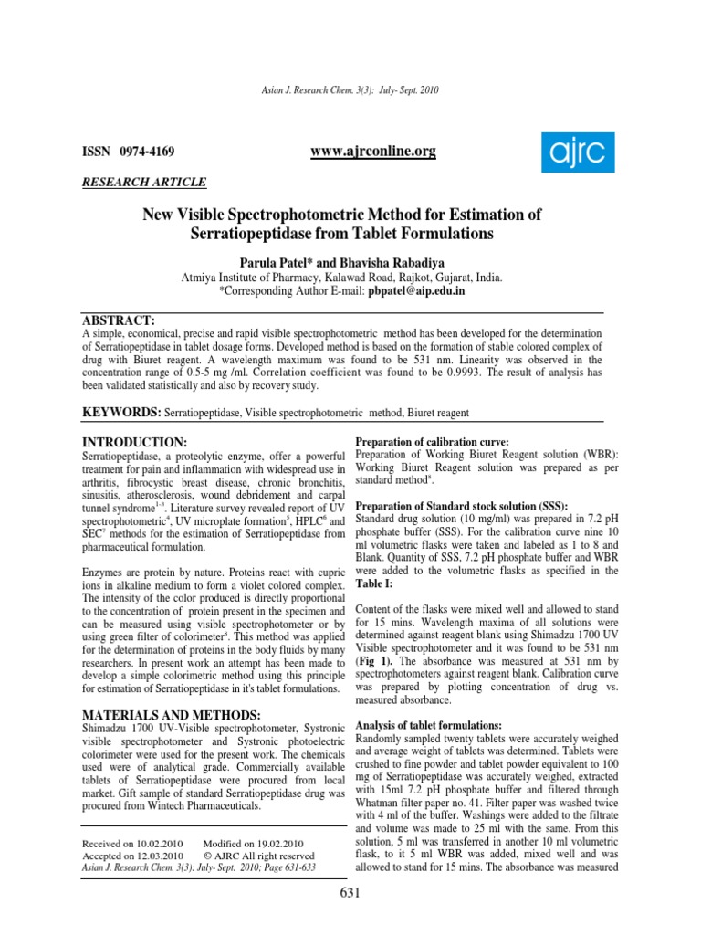 New Visible Spectrophotometric Methodfor Estimationofserrasiopeptidaseintabletformulation Pdf
