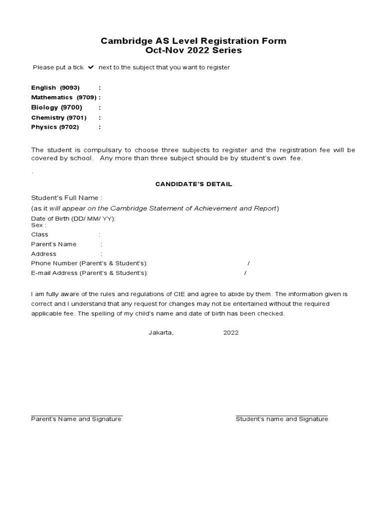 Cambridge AS Level Registration Form | PDF