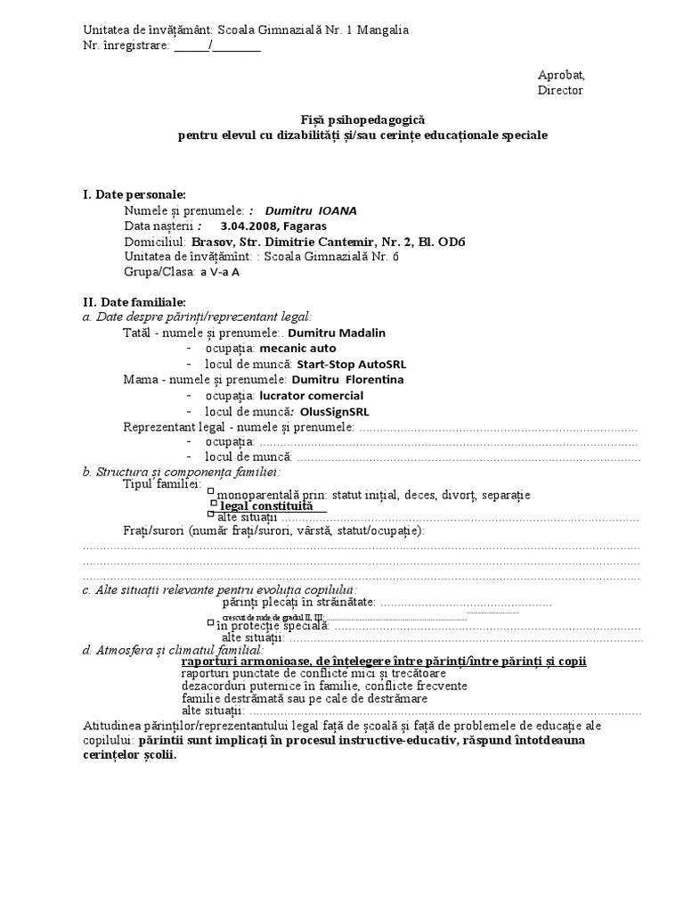 Fisa Psihopedagogica Pentru Elevul Cu Dizabilitati | PDF