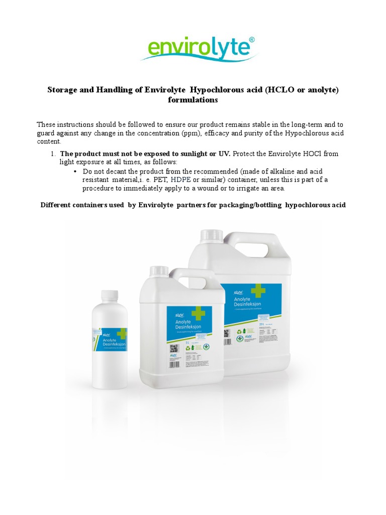 Storage and Handling of Envirolyte Hypochlorous Acid (Anolyte ...