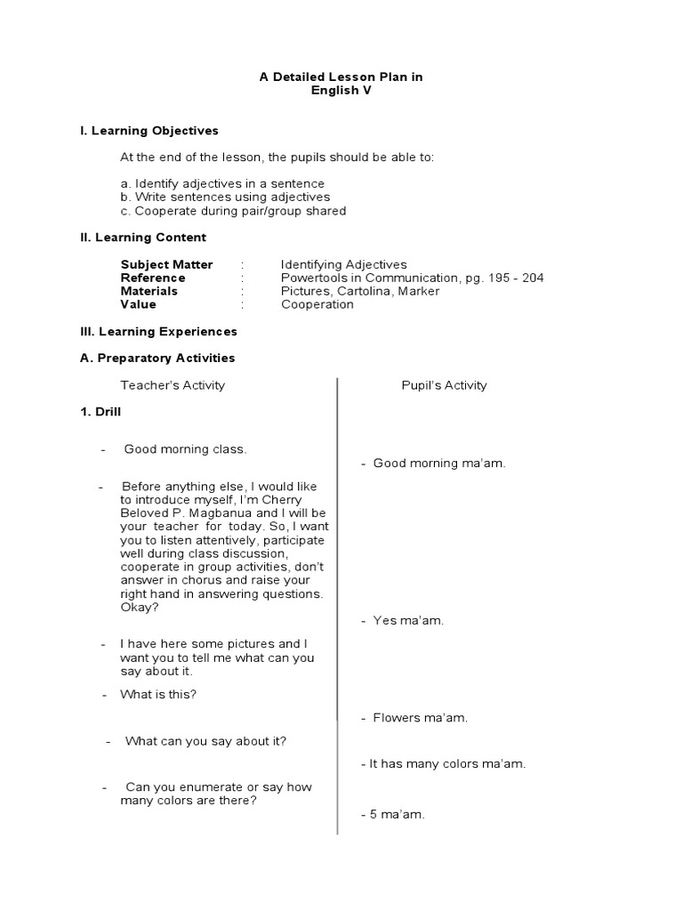 Identifying Adjectives: A Detailed English Lesson Plan | PDF | Lesson ...
