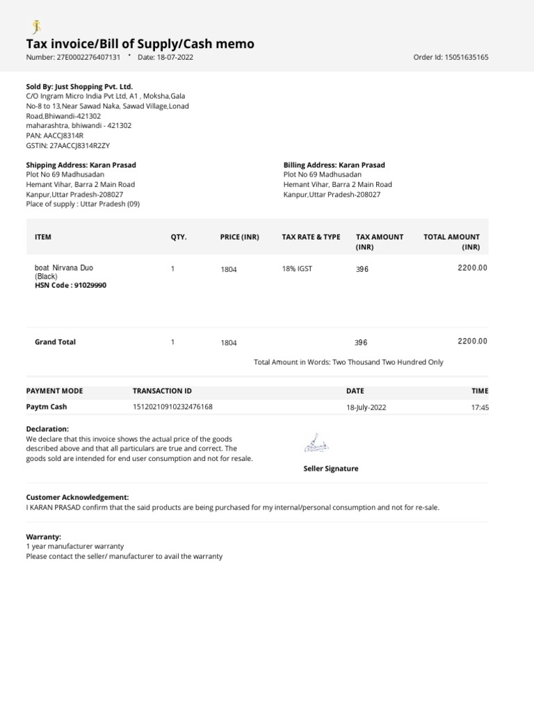 Invoice for Boat Nirvanaa Duo Purchase | PDF