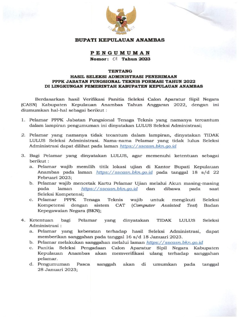 Pengumuman Hasil Seleksi Adm PPPK Teknis | PDF Pengumuman Hasil Seleksi Adm PPPK Teknis | PDF