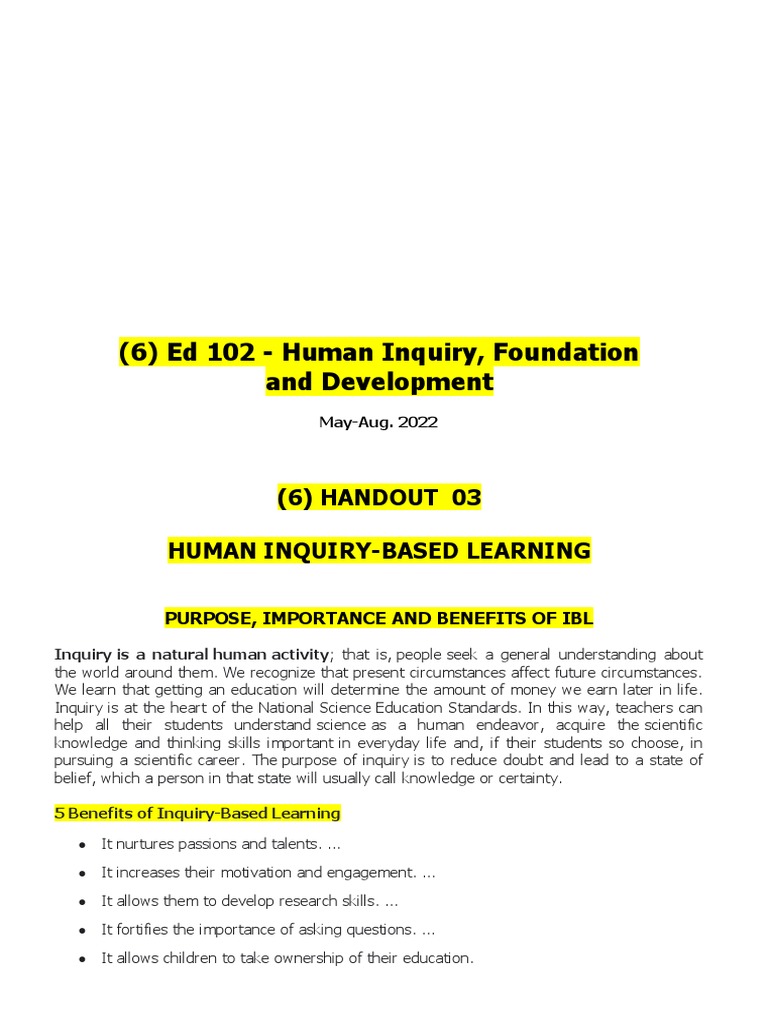 Handout 03 Purpose Import Human Inquiry-B 6pp | PDF | Inquiry Based Learning | Learning