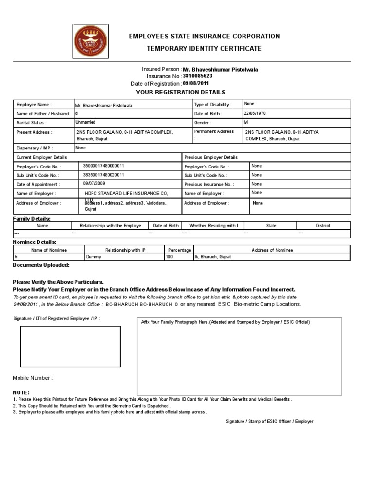 Employee Insurance Certificate | PDF | Finance & Money Management