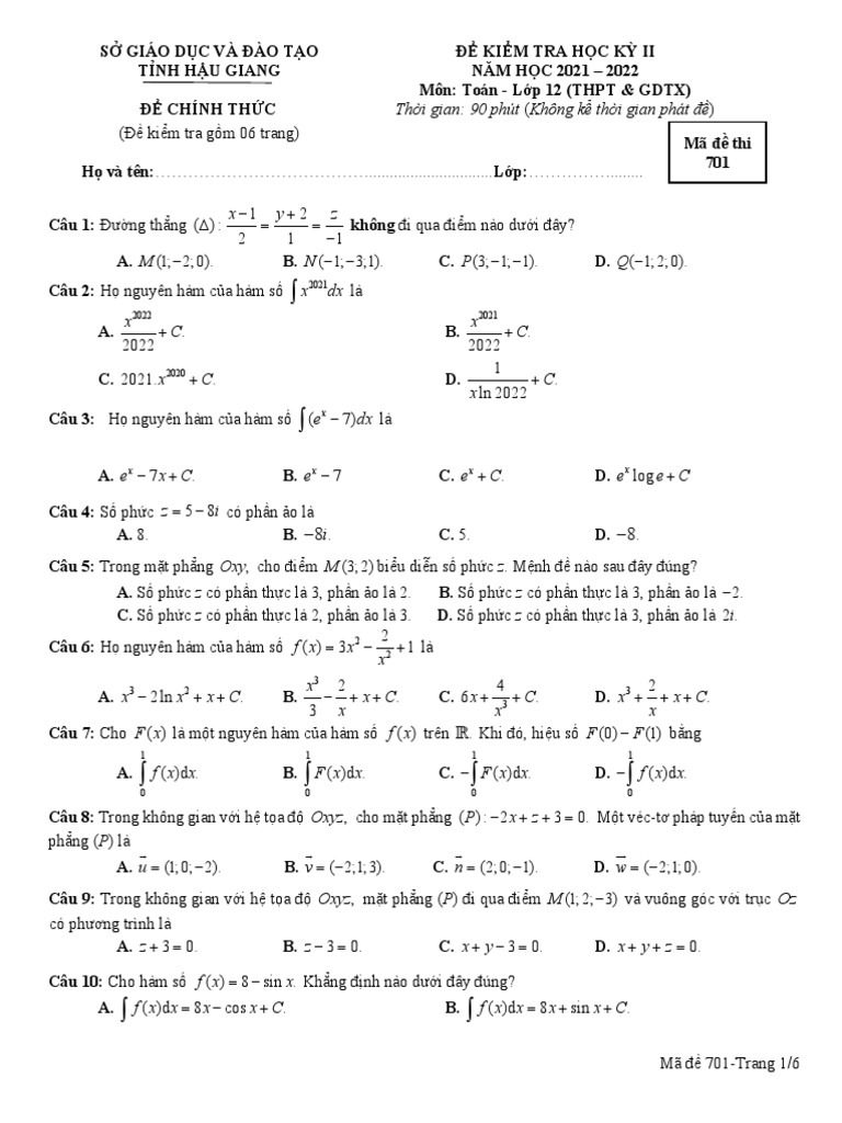 De Kiem Tra Hoc Ky 2 Toan 12 Nam 2021 2022 So GDDT Hau Giang | PDF
