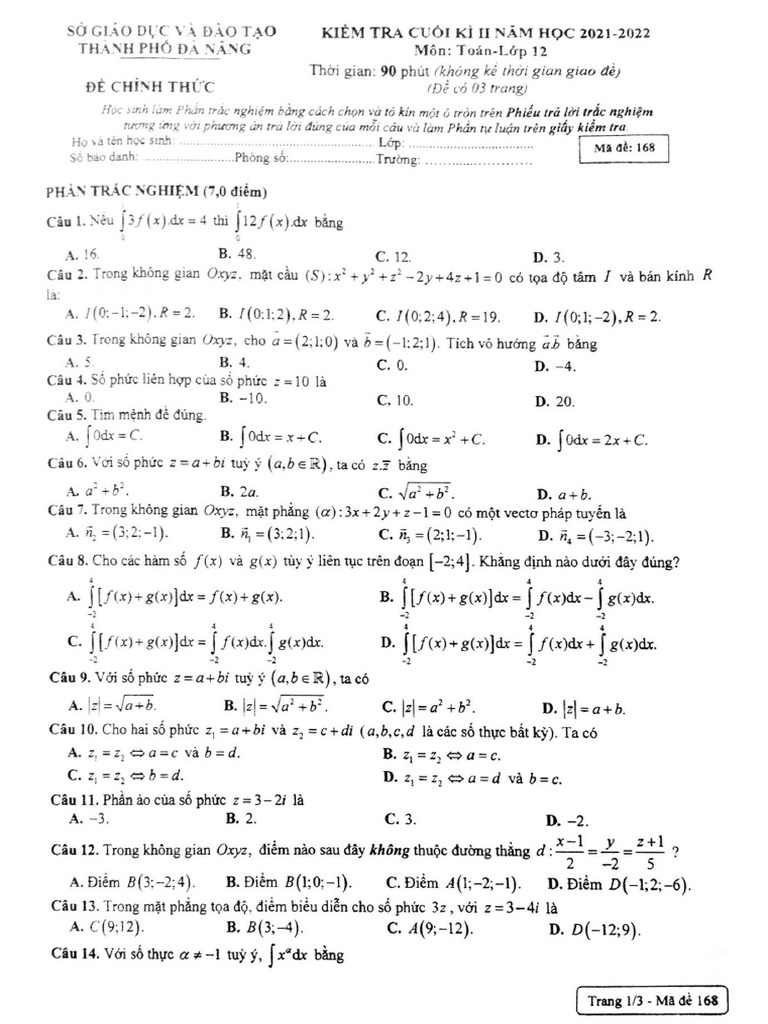 De Kiem Tra Cuoi Ki 2 Toan 12 Nam 2021 2022 So GDDT Da Nang | PDF