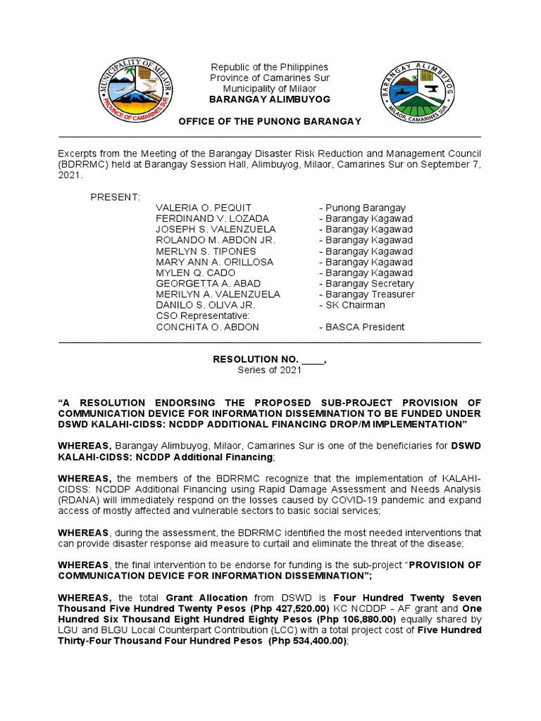 Resolution Endorsing Sub-Project of Alimbuyog | PDF