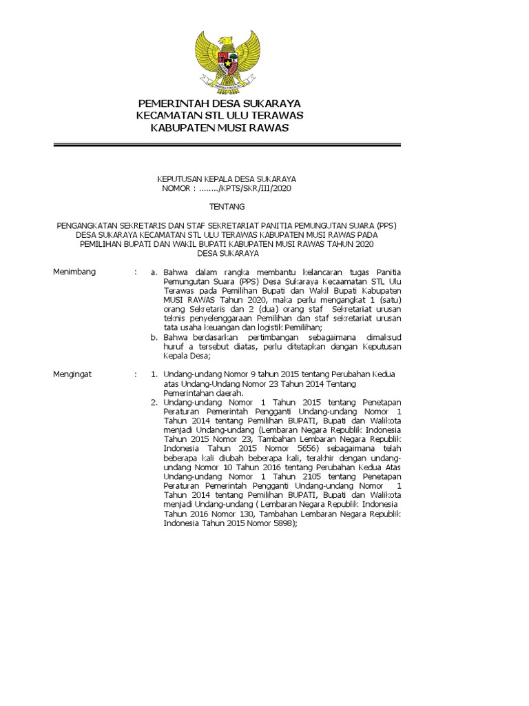 Contoh SK Sekretariat PPS Desa Kelurahan | PDF