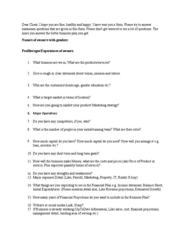 Business Plan Questionnaire Template | PDF