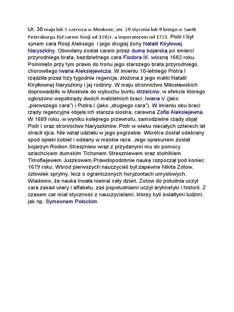 Piotr I Wielki Referat Historia | PDF