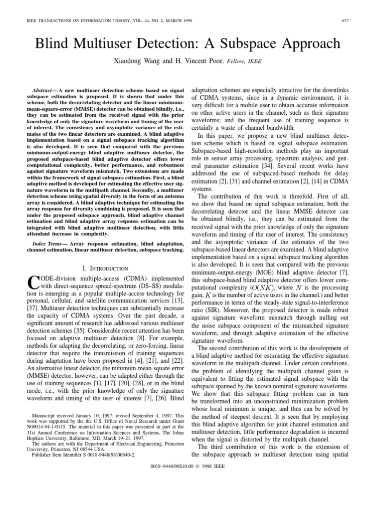 Blind Multiuser Detection: A Subspace Approach: Xiaodong Wang and H. Vincent Poor | PDF ...