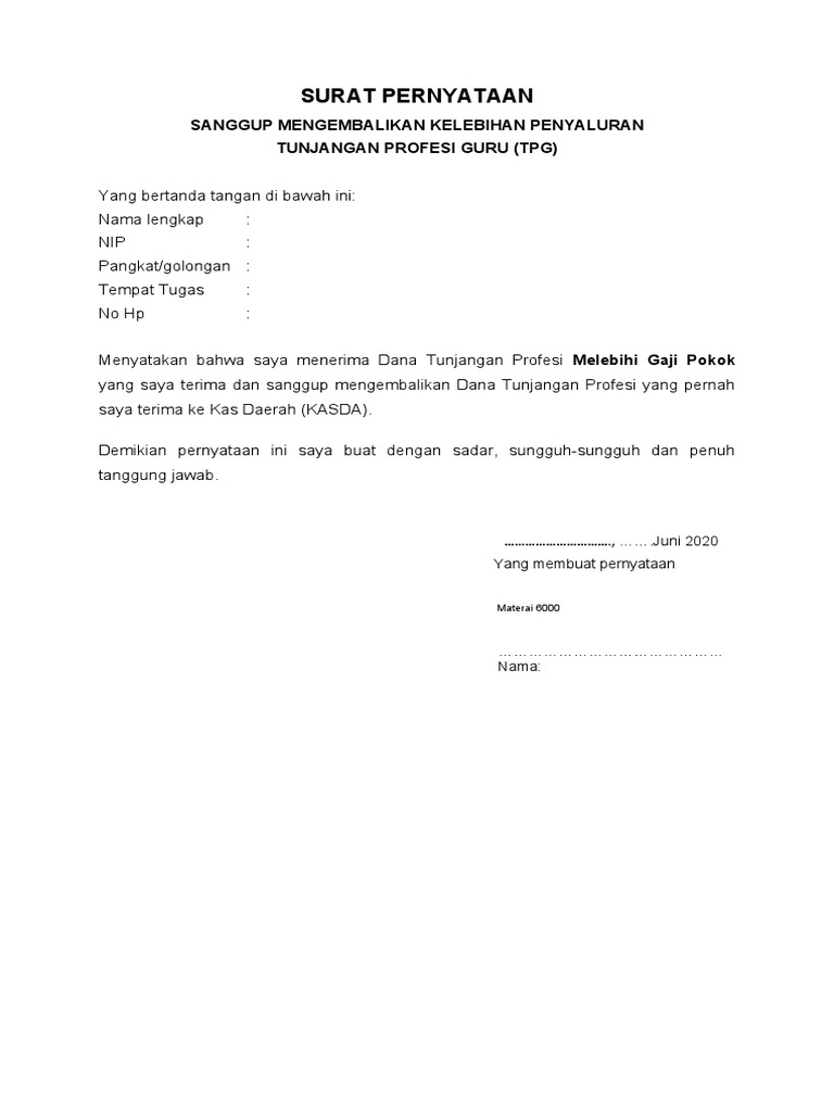 Surat Pernyataan Pengembalian Gaji Pokok 2020 | PDF