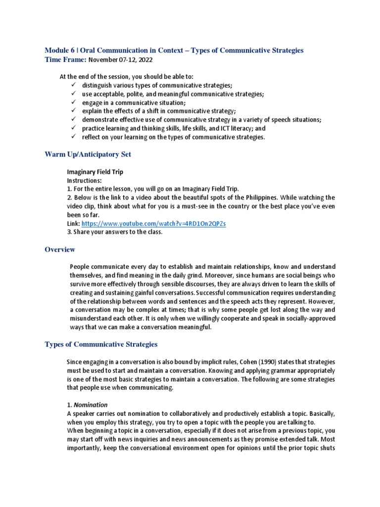 Module 6 Types of Communicative Strategies 1 | PDF | Conversation | Communication