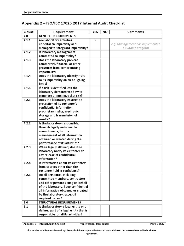 Appendix 2 - ISO/IEC 17025:2017 Internal Audit Checklist: Clause Requirement YES NO Comments ...