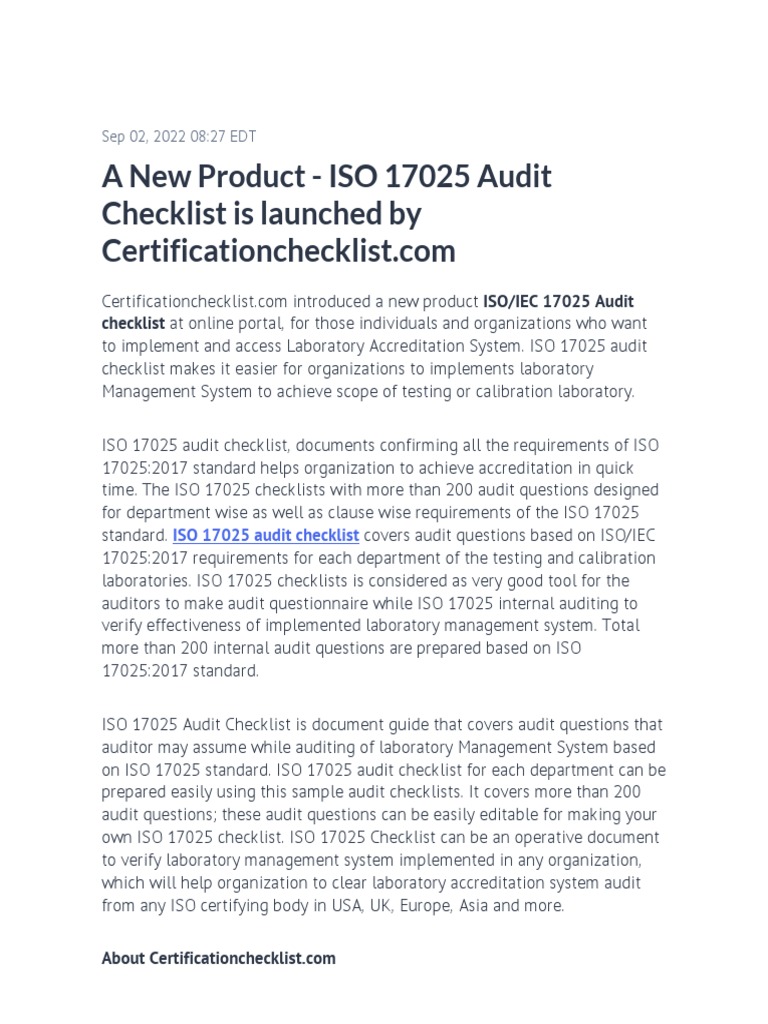 A New Product - ISO 17025 Audit Checklist Is Launched by | PDF ...