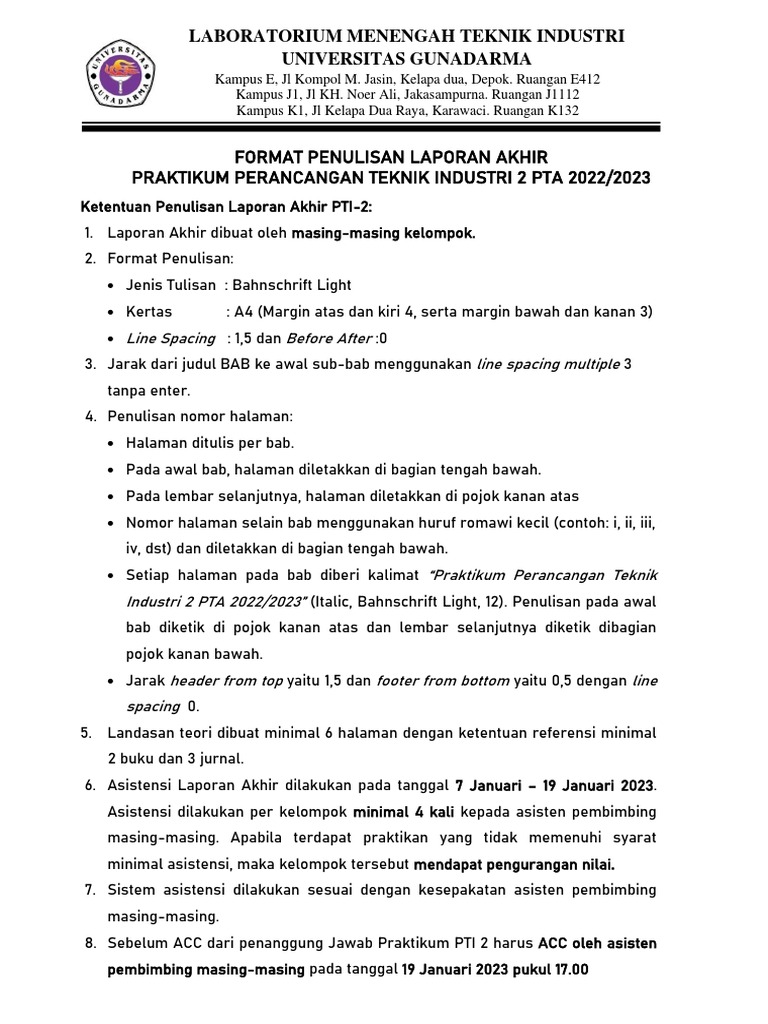 Ketentuan Laporan Akhir Pti 2 2022-2023 | PDF