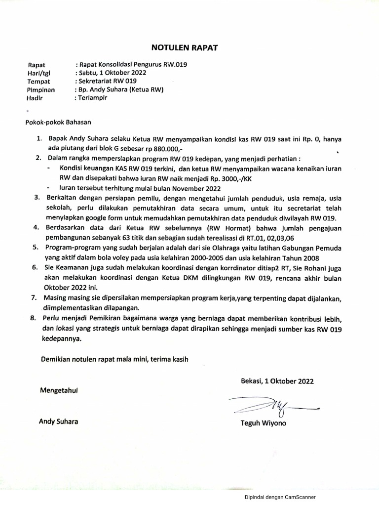 Notulen Rapat RW 019 | PDF
