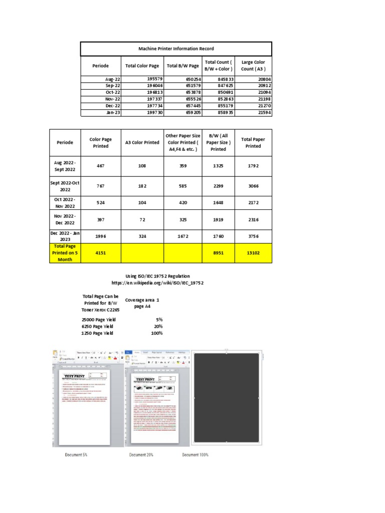 Monthly Printer Usage Report Detailing Print Volume by Type, Paper Size ...
